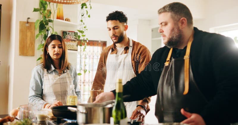 Cooking Class, Couple and Chef with Teaching in Kitchen for Meal ...