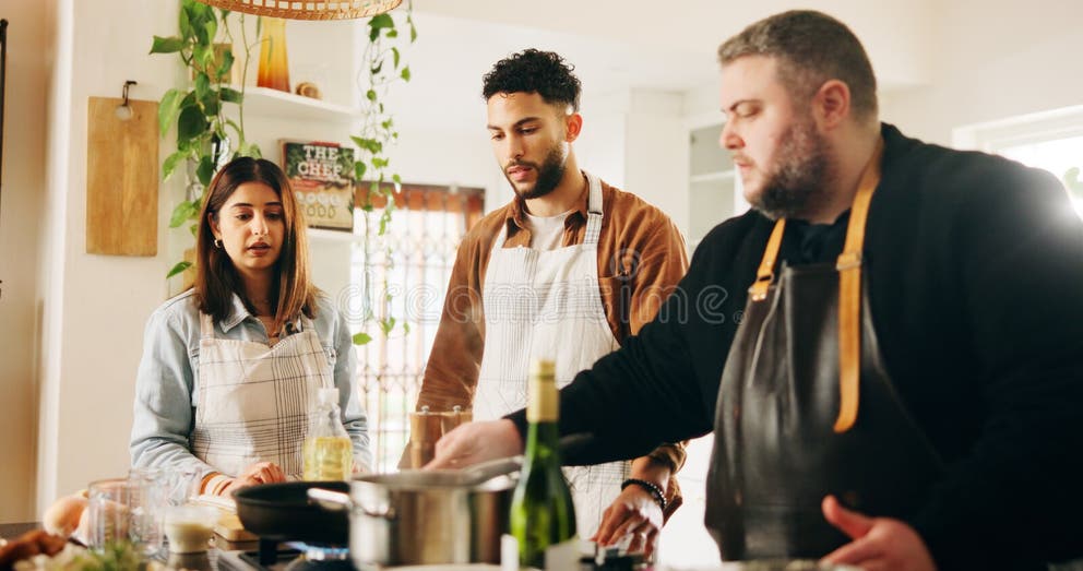 Cooking Class, Couple and Chef with Teaching in Kitchen for Meal ...