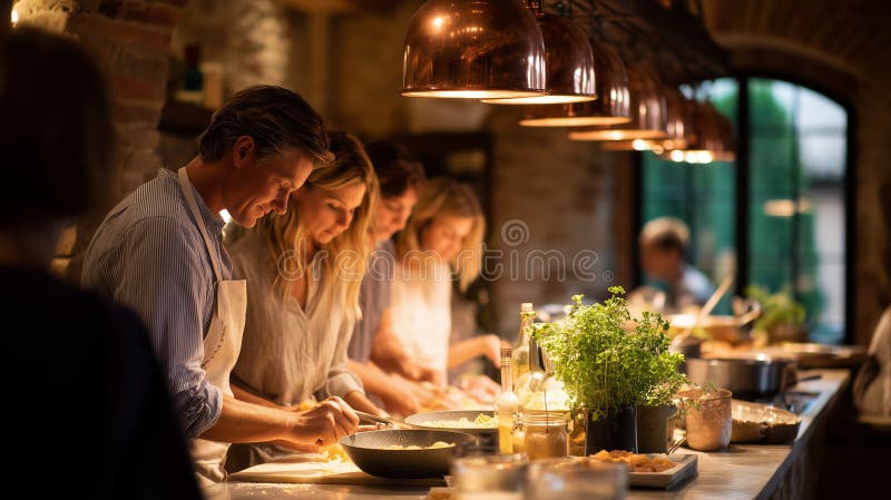 Cooking Class with Friends in a Rustic Kitchen during an Evening ...