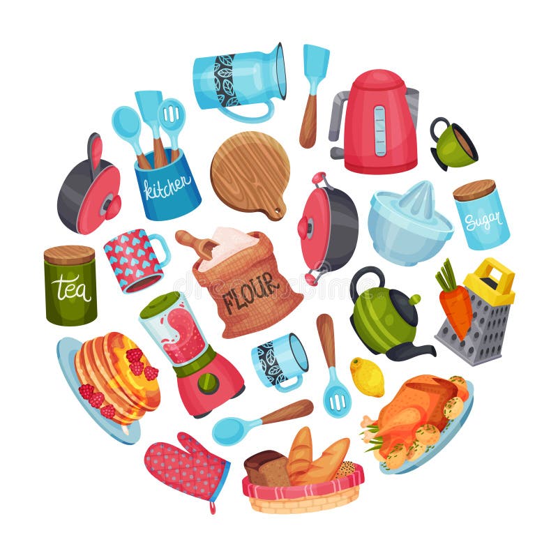 Cooking Class and Kitchen Utensil Round Composition Design Vector ...