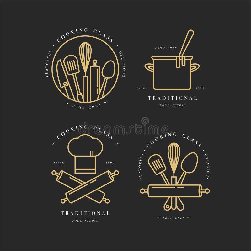Cooking Class Linear Design Elements, Kitchen Emblems, Symbols, Icons ...
