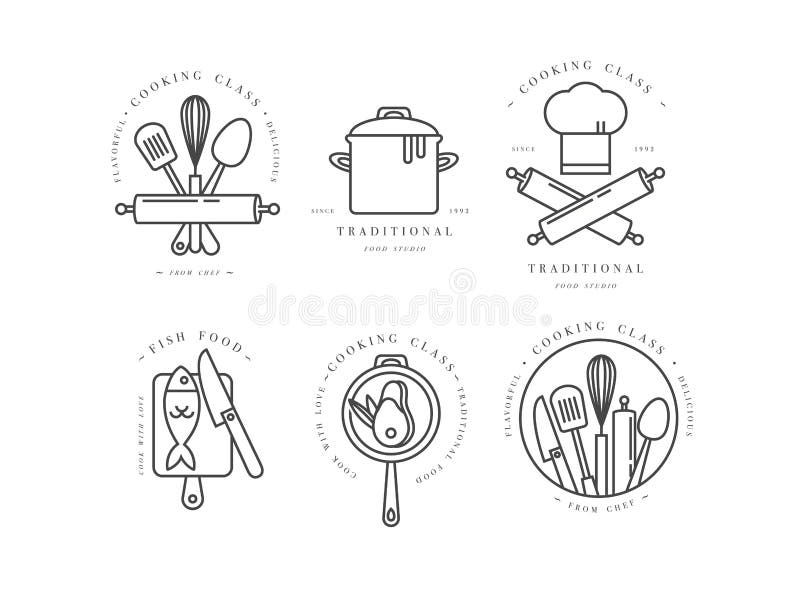 Cooking Class Linear Design Elements, Kitchen Emblems, Symbols, Icons ...