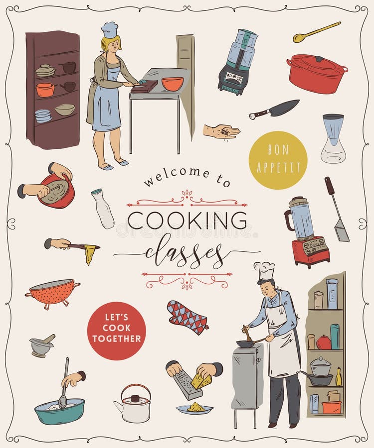 Cooking Classes.Design Template with People Preparing Meals, Kitchen ...