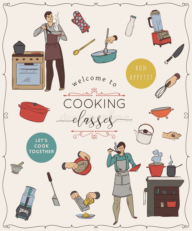 Cooking Classes. Group of People Preparing Meals. Isolated Elements on ...