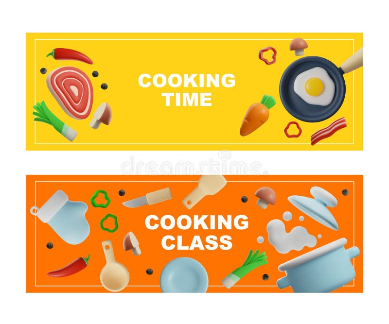 Cooking Classes Flyers with 3D Food and Utensils Realistic Vector ...