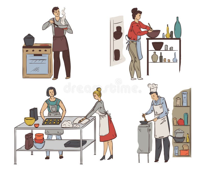 Cooking Classes.Design Template with People Preparing Meals, Kitchen ...
