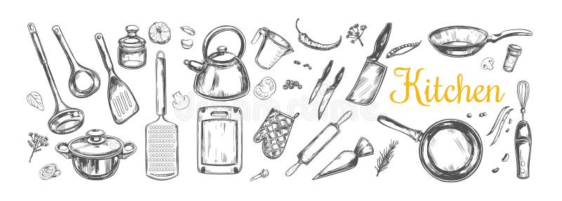 Cooking Classes and Kitchen Utensil Set. Vector Hand Drawn Isolated ...