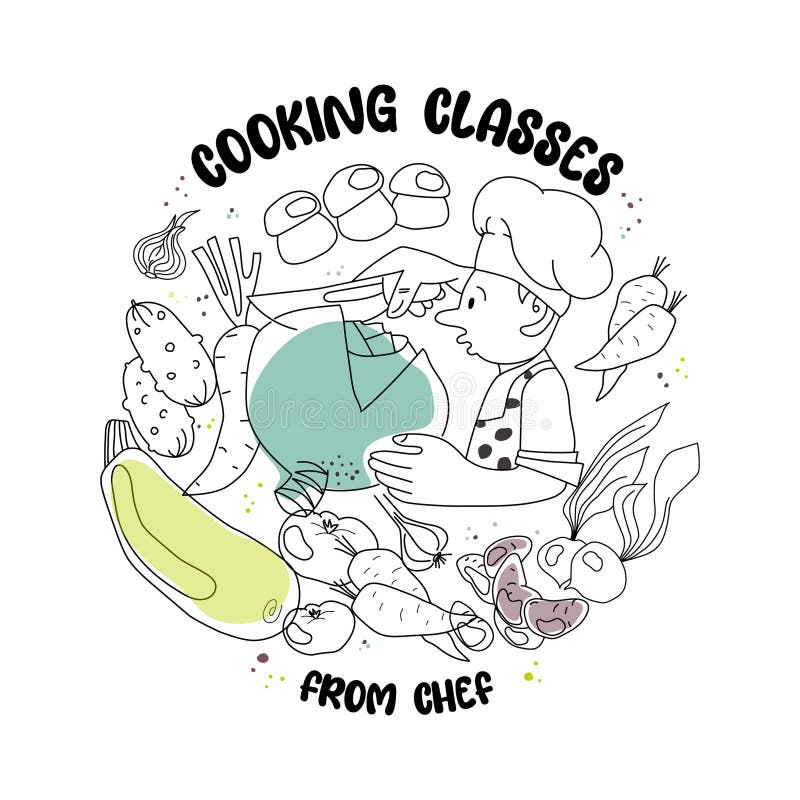 Cooking Classes Logo with Chef Cutting Vegetables. Food Lessons ...