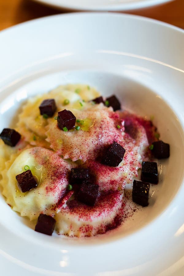 Cooking Classes. Modern Style Dish Presentation. Ravioli and Beetroot ...
