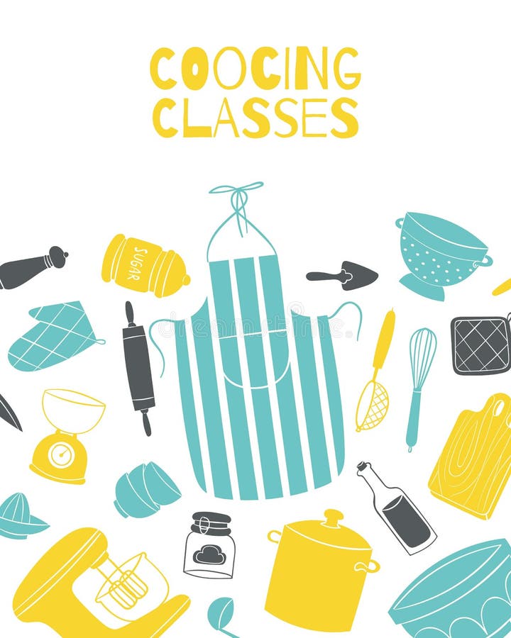 Cooking Classes Poster with Kitchenware and Pots on Kitchen,board, Chef ...