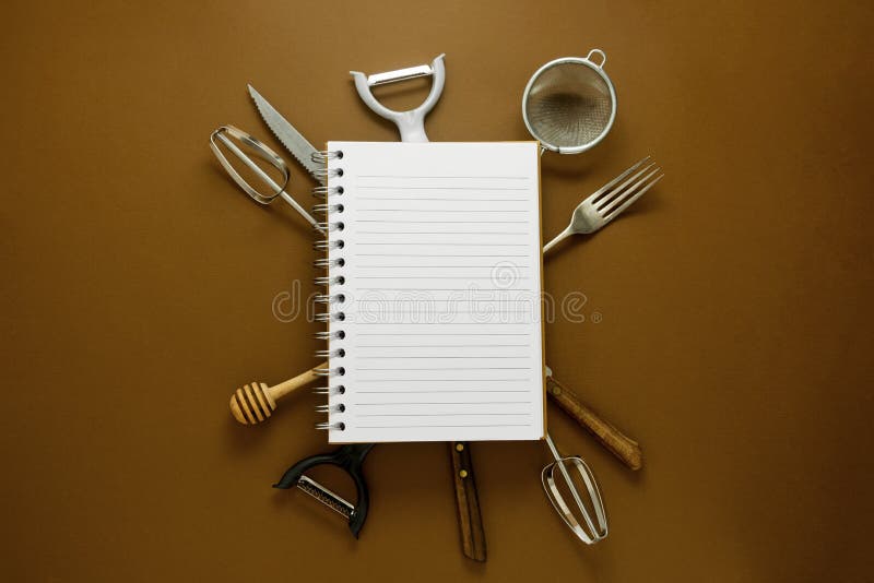 Cooking Concept. Kitchen Tools and Empty Note Book. Brown Background ...