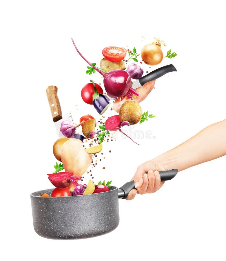 Cooking Concept. Vegetables and Meat are Falling on a Pan Isolated on ...