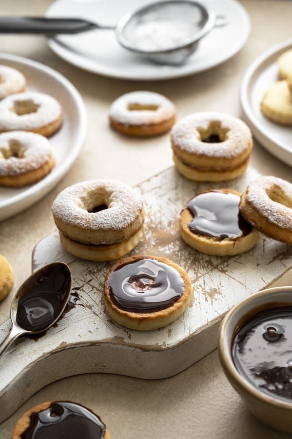 Cooking Cookies Process. Homemade Linzer Cookies with Chocolate Stock ...