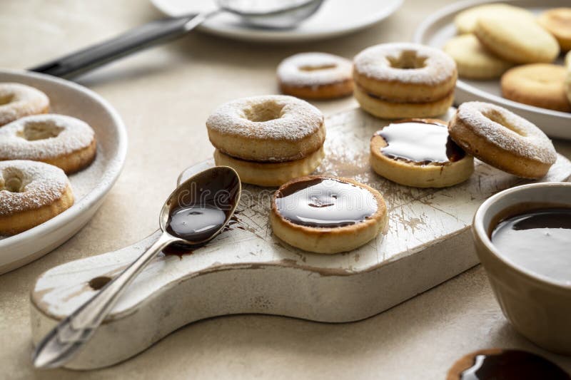 Cooking Cookies Process. Homemade Linzer Cookies with Chocolate Stock ...