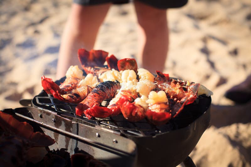Cooking Crayfish on the Beach Stock Photo - Image of preparing, coals ...