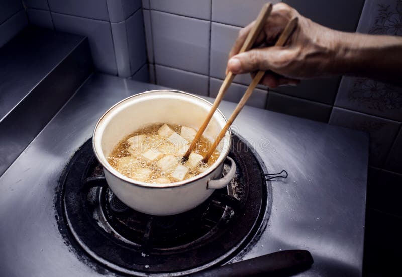 Cooking Deep Fried Fish Tofu in Kitchen Stock Image - Image of deep ...