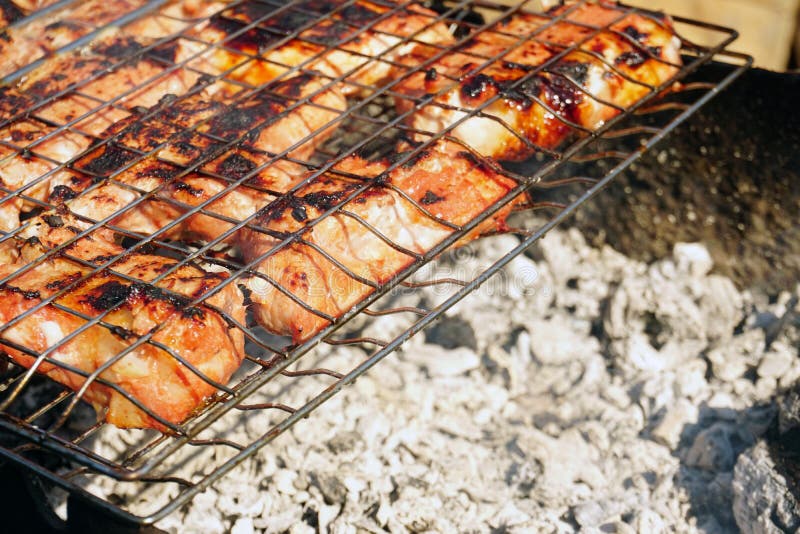 Cooking Delicious Meat on Coals in a Barbecue Stock Image - Image of ...