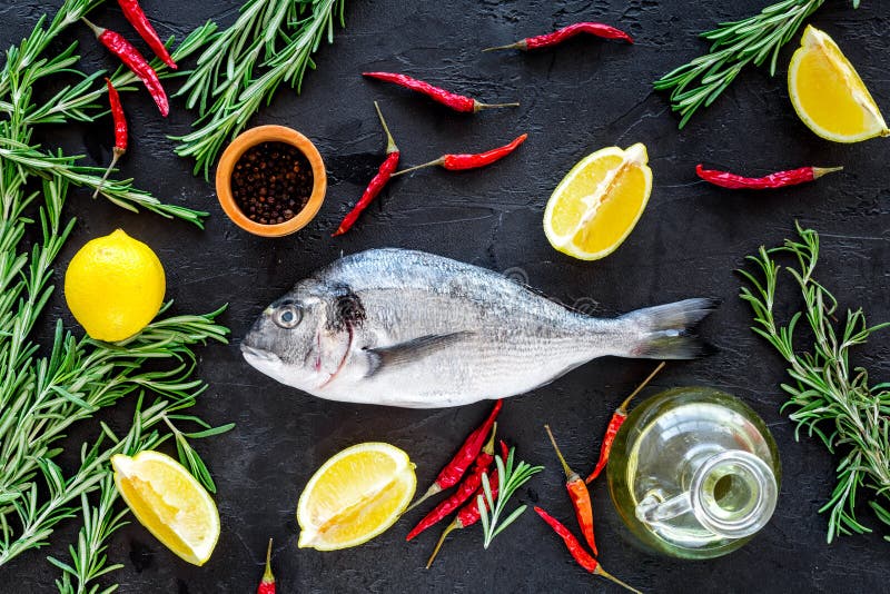 Cooking Dorado Fish. Black Background Top View Stock Image - Image of ...