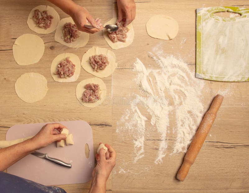 Cooking Dough with Meat on the Table. Stock Image - Image of kitchen ...