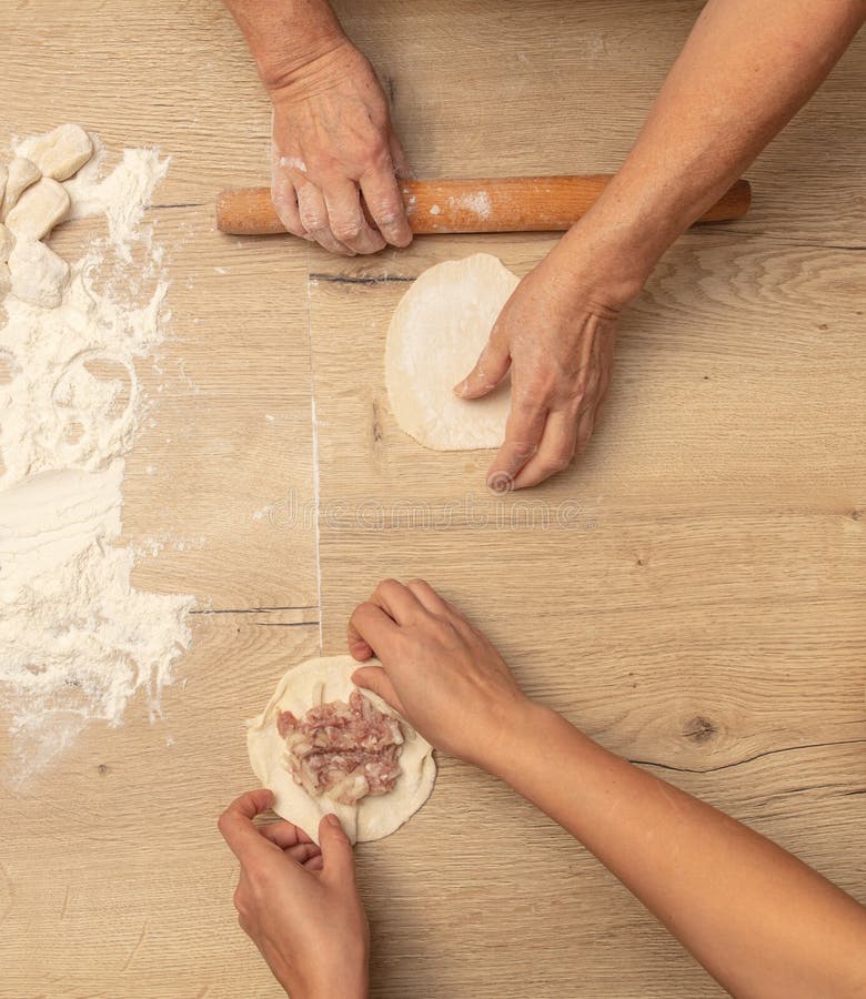 Cooking Dough with Meat on the Table. Stock Image - Image of home ...