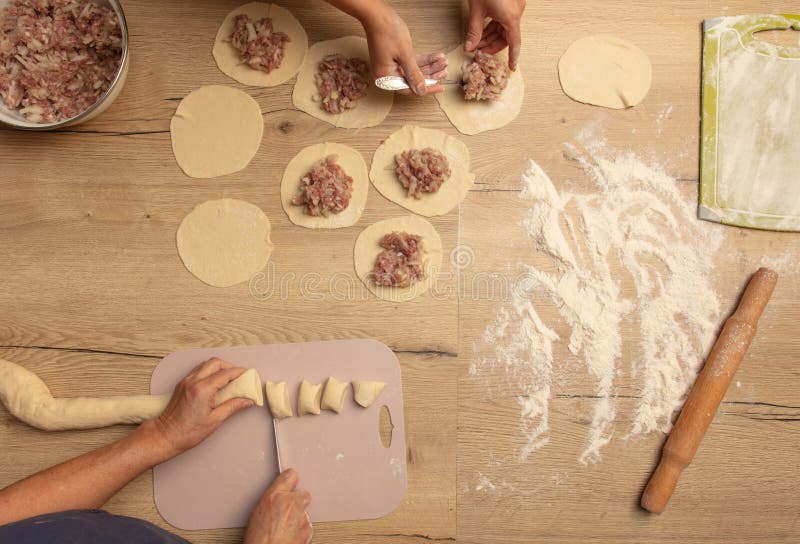 Cooking Dough with Meat on the Table. Stock Image - Image of gourmet ...