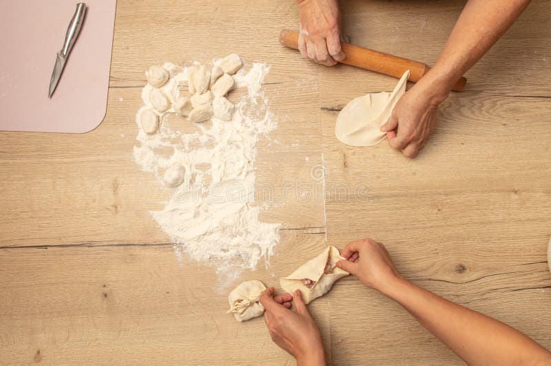 Cooking Dough with Meat on the Table. Stock Image - Image of table ...