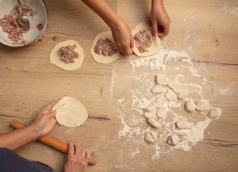Cooking Dough with Meat on the Table. Stock Image - Image of home ...