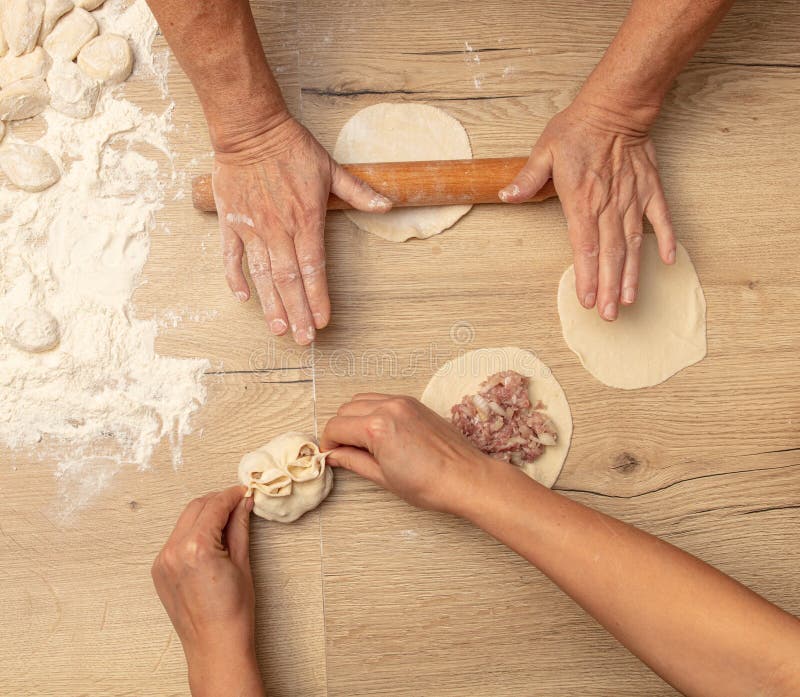 Cooking Dough with Meat on the Table. Stock Image - Image of restaurant ...