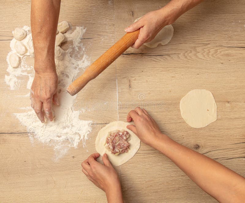 Cooking Dough with Meat on the Table. Stock Photo - Image of cuisine ...