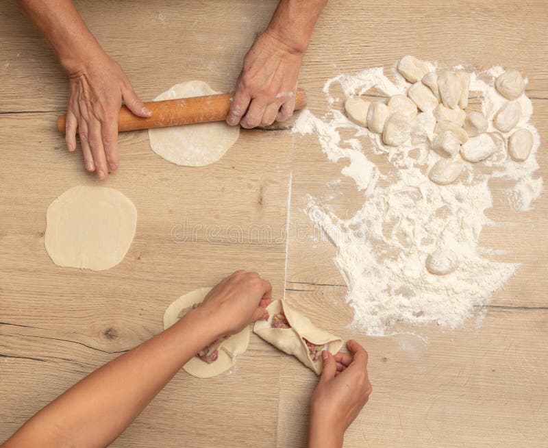 Cooking Dough with Meat on the Table. Stock Photo - Image of delicious ...