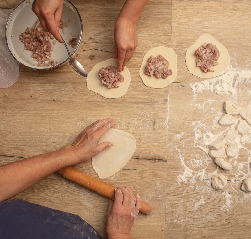 Cooking Dough with Meat on the Table. Stock Image - Image of cooking ...