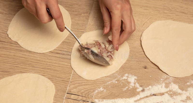 Cooking Dough with Meat on the Table. Stock Photo - Image of meal ...