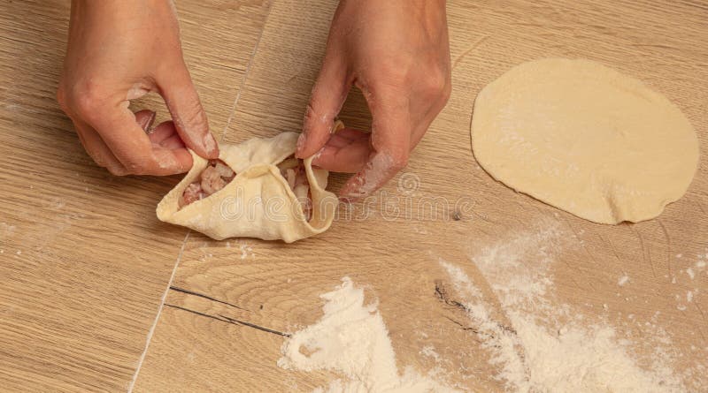 Cooking Dough with Meat on the Table. Stock Photo - Image of home ...