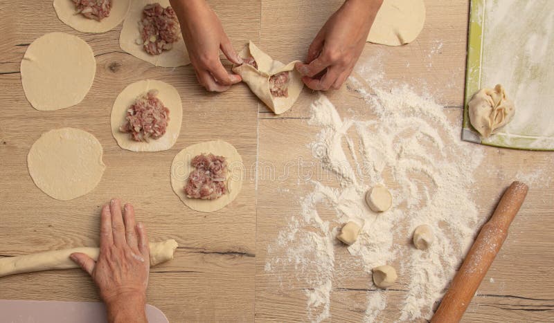 Cooking Dough with Meat on the Table. Stock Image - Image of kitchen ...