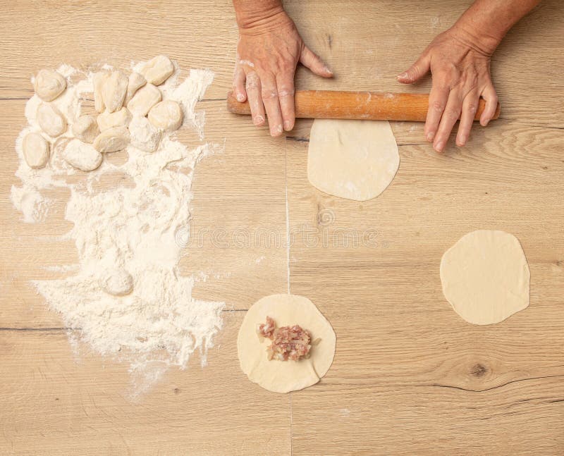 Cooking Dough with Meat on the Table. Stock Image - Image of meal ...
