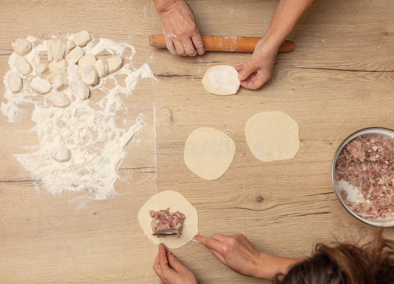 Cooking Dough with Meat on the Table. Stock Photo - Image of healthy ...
