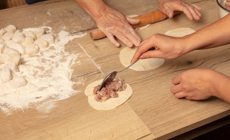 Cooking Dough with Meat on the Table. Stock Image - Image of delicious ...