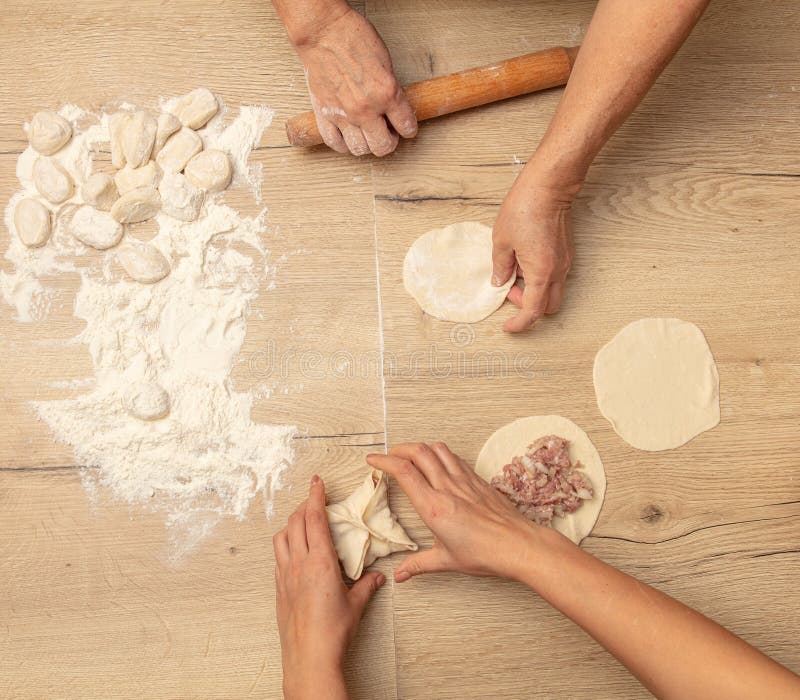 Cooking Dough with Meat on the Table. Stock Photo - Image of dough ...