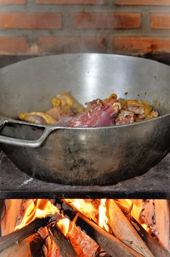 Duck Meat in the Pan Cooking in the Wood Oven Stock Photo - Image of ...
