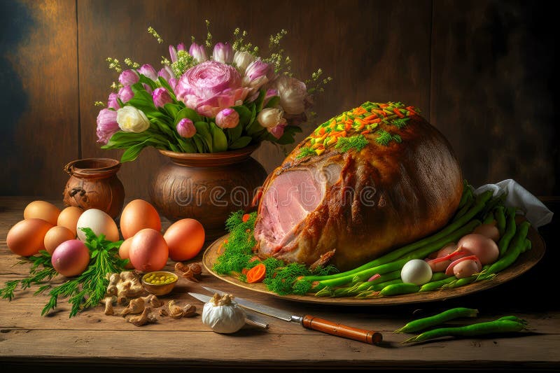 Cooking Easter Ham from Eggs and Vegetables on Wooden Table Stock ...
