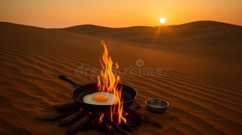 Cooking an Egg Over an Open Fire in the Desert at Sunset with Warm ...