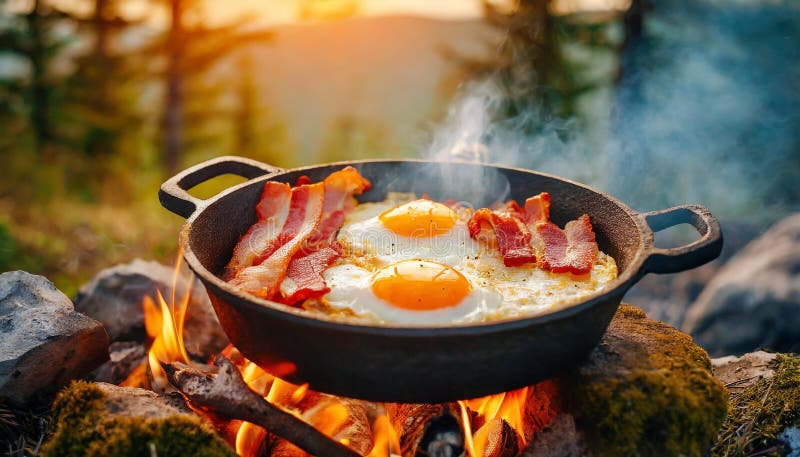 Cooking Eggs and Bacon on the Campfire Stock Illustration ...