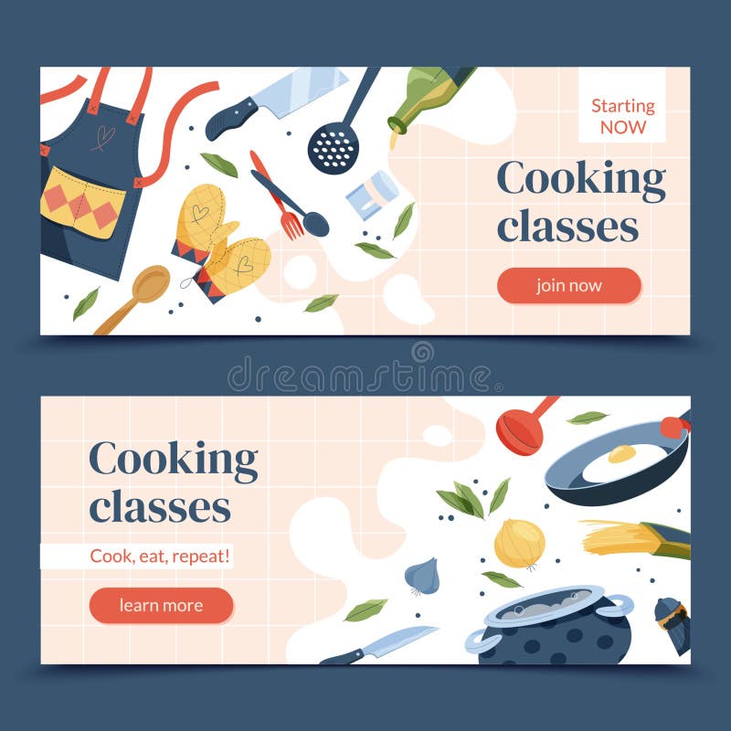 Cooking Elements Hand Drawn Cartoon Banner Set Stock Illustration ...