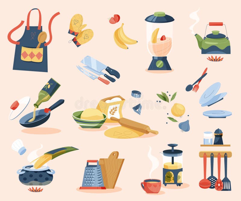 Cooking Elements Hand Drawn Cartoon Icons Collection Stock Illustration ...