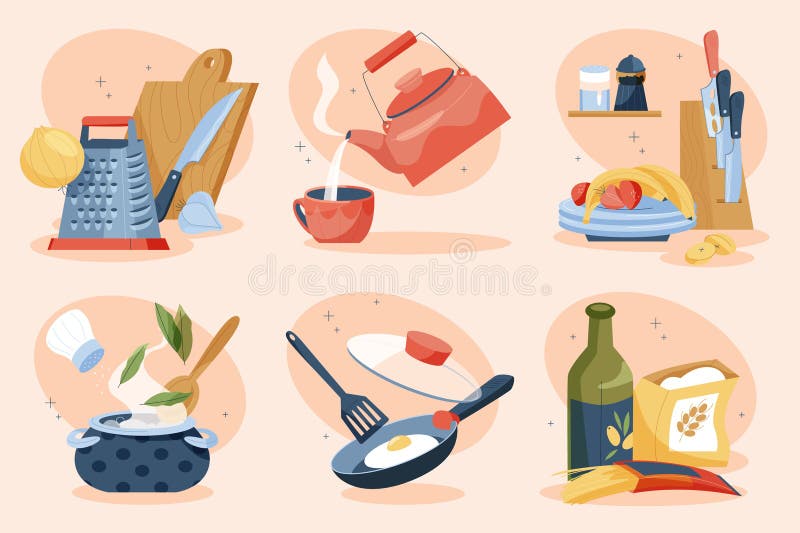 Cooking Elements Hand Drawn Cartoon Mini Composition Set Stock ...