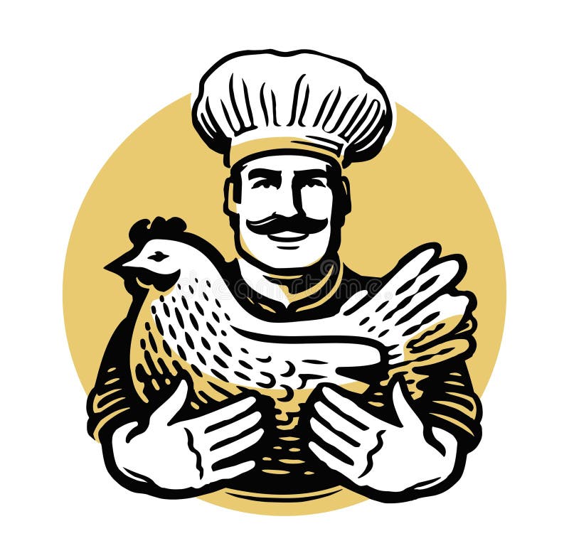 Happy Chef in Hat Holding Live Chicken. Cooking Emblem or Logo. Vector ...