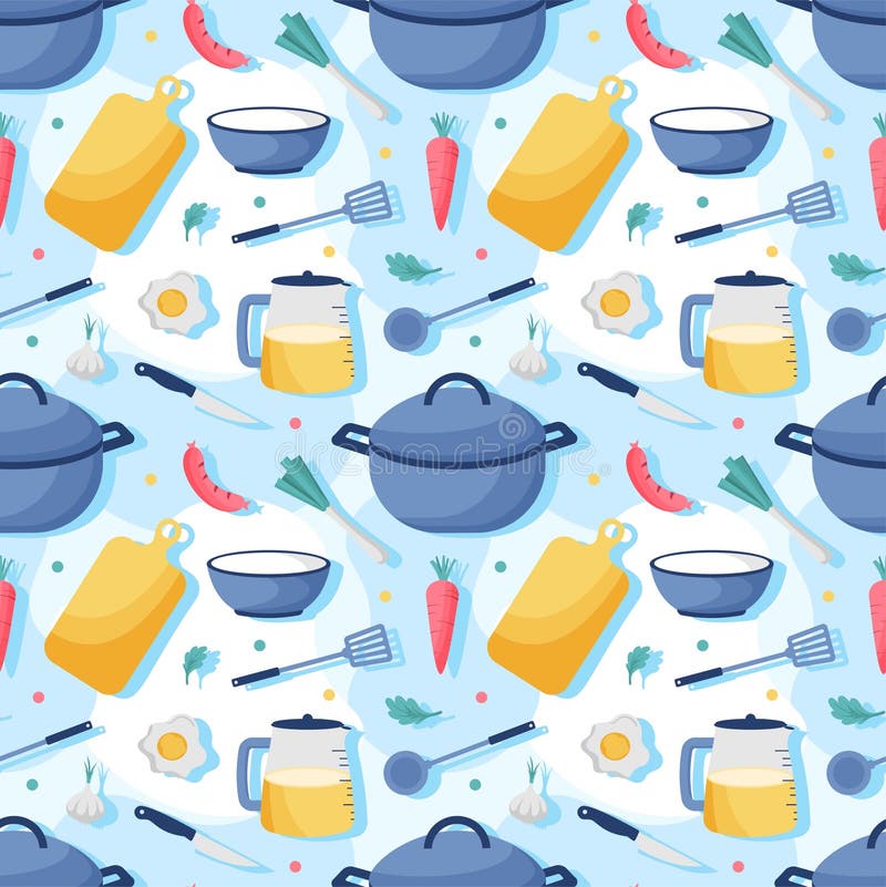 Cooking Equipment Seamless Pattern Illustration in Flat Cartoon ...