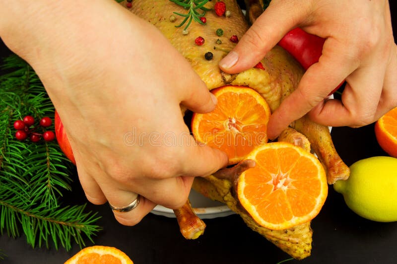 Cooking Festive Duck with Apples and Mandarins Stock Image - Image of ...