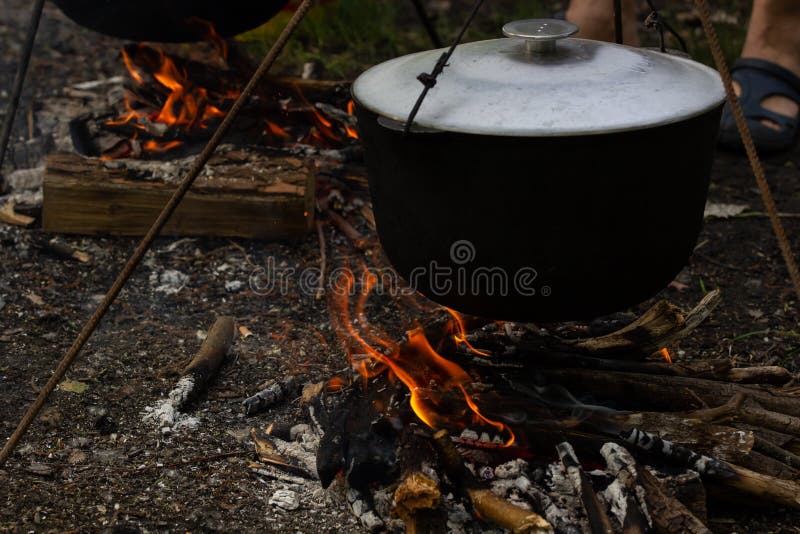 Cooking in Field Conditions, Boiling Pot at the Campfire on Picnic ...