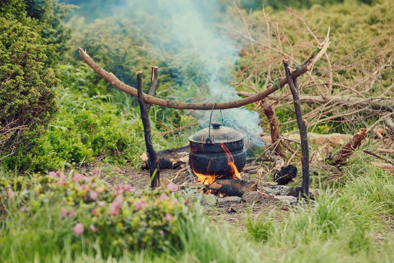 Cooking in Field Conditions, Boiling Pot at the Campfire Stock Image ...